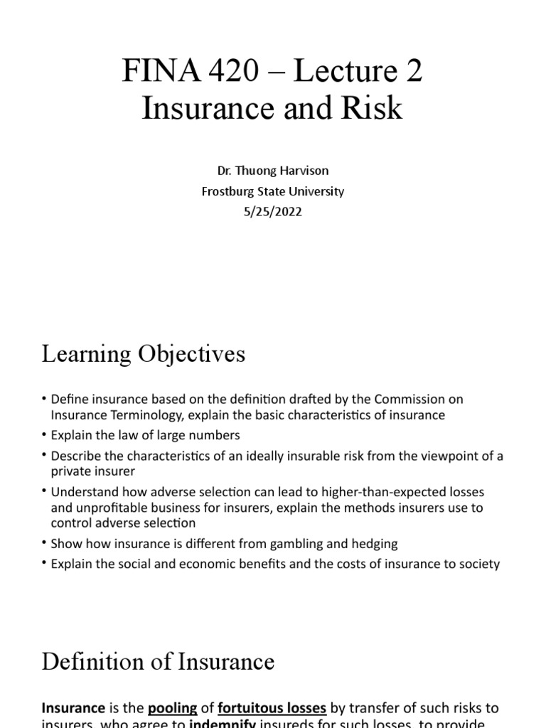 Lecture 2 - Insurance and Risk (FULL) | PDF | Insurance | Risk