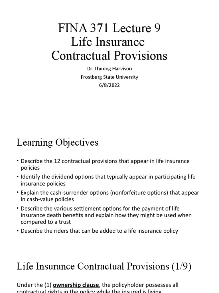 Lecture 9 - Life Insurance Contractual Provisions (FULL) | PDF | Cost ...