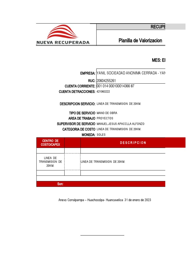 Valorización Enero 2023 YANIL S.A.C. | PDF