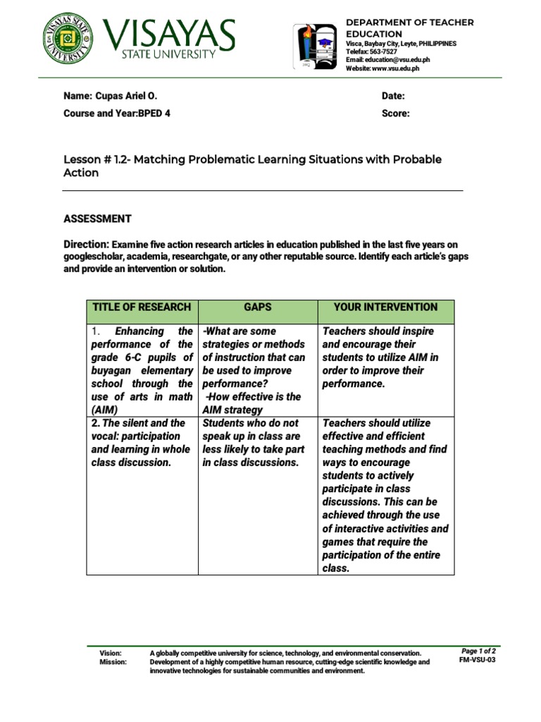 Lesson # 1.2-Matching Problematic Learning Situations With Probable Action | PDF | Teachers ...