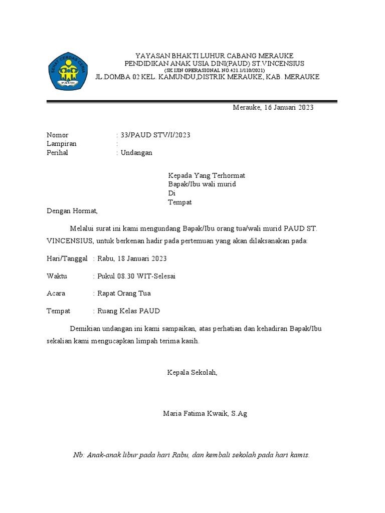 Surat Undangan Rapat Ortu | PDF