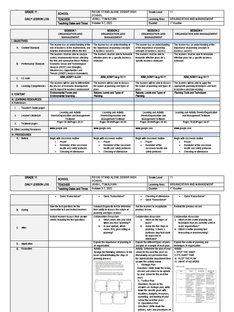 DLL Week 7 Organization | Download Free PDF | Learning | Swot Analysis