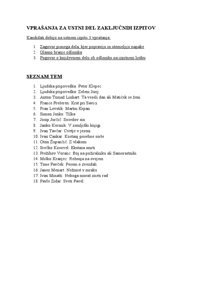 Vprašanja Za Ustni Del Zaključnih Izpitov 2019 | PDF