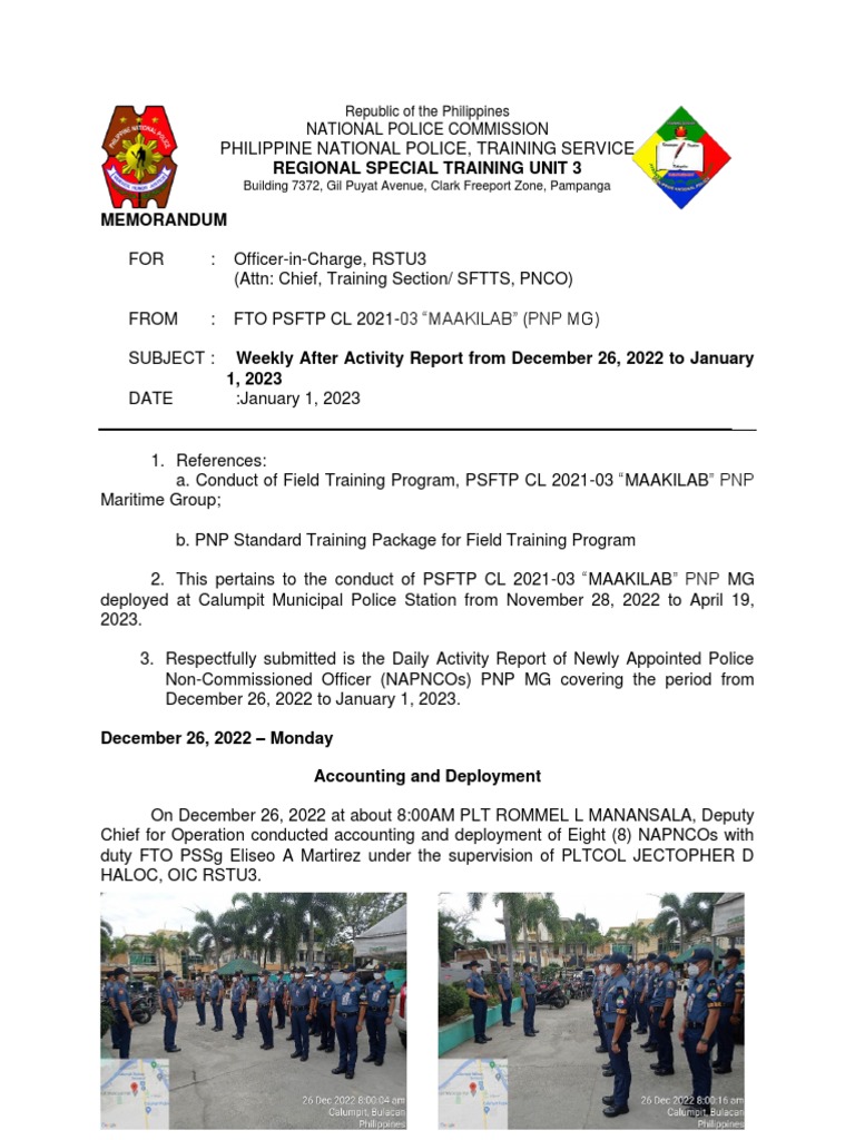 Weekly Report of PNP Trainees | PDF | Law Enforcement | Crime & Violence