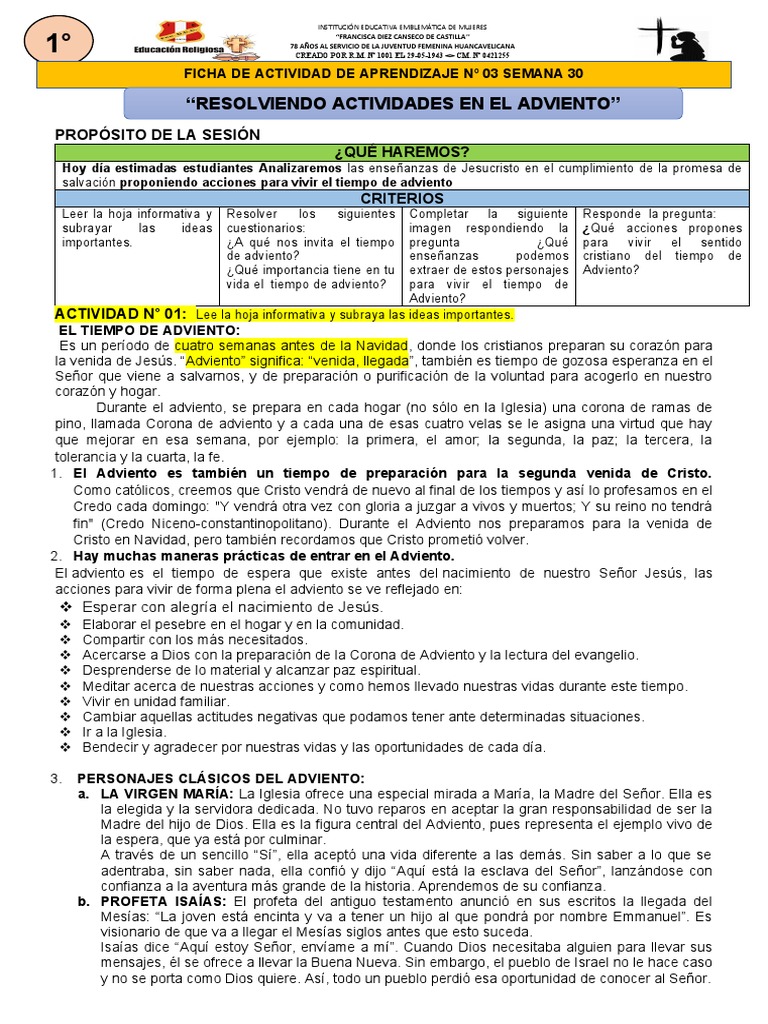1° Ficha de Actividad #30 | PDF | Adviento | María, madre de Jesús