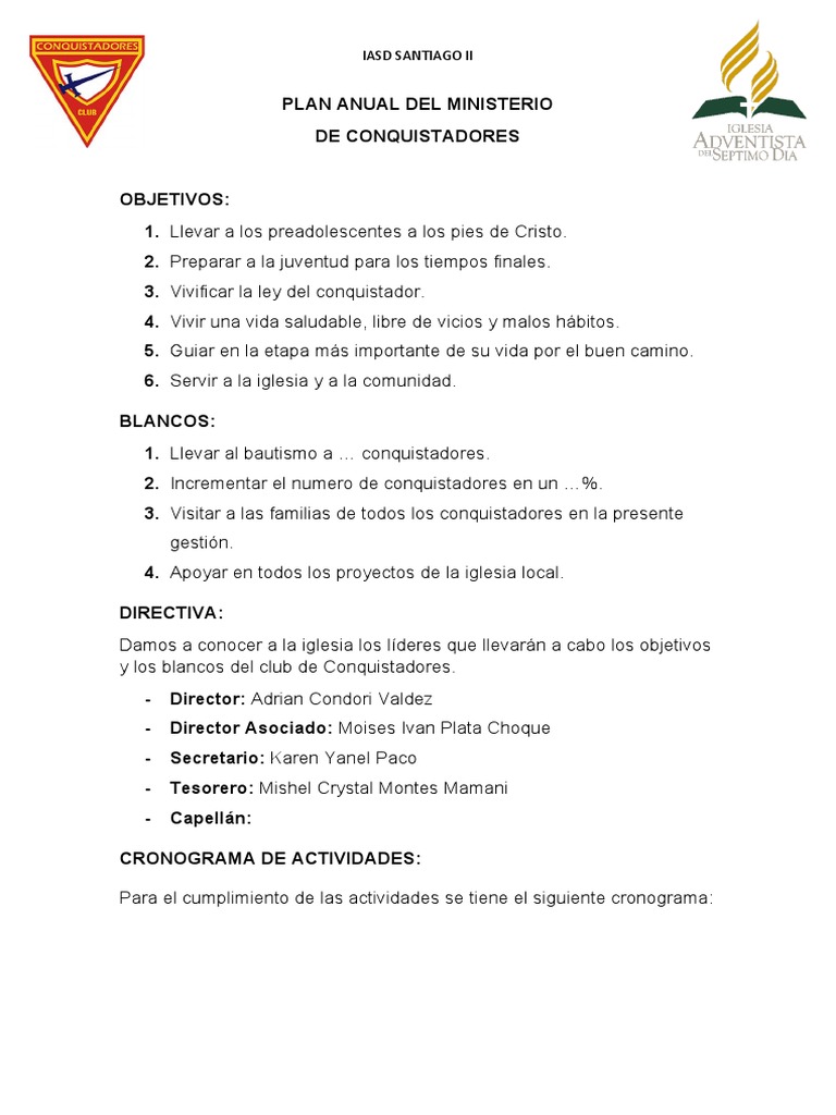 Plan Anual Ministerio Conquistadores | PDF | Iglesia Adventista del ...