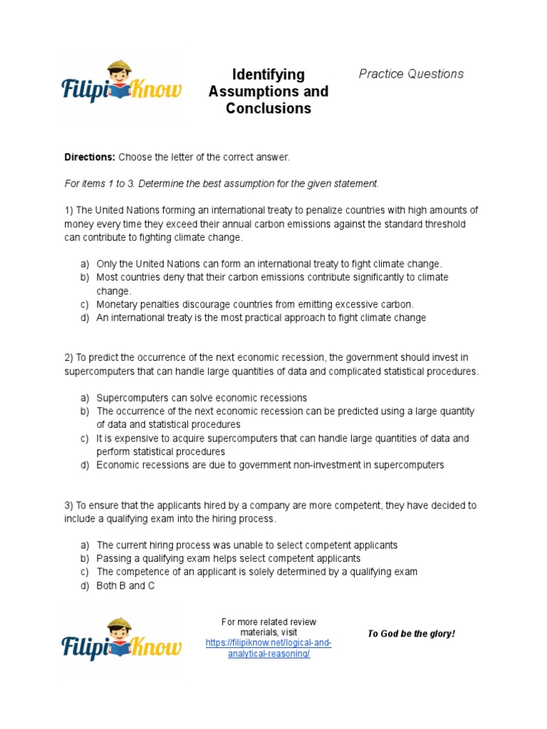 Identifying Assumptions and Conclusions Practice Questions | PDF ...