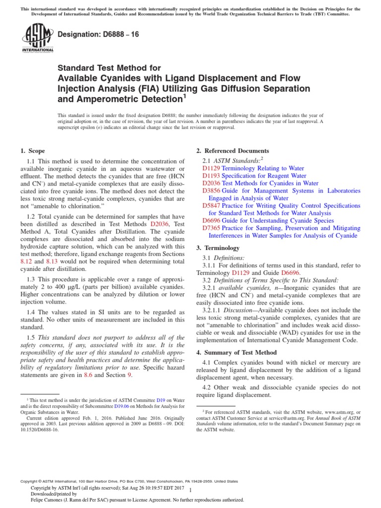 Cianuro Wad ASTM D6888-16 | PDF | Materials | Chemistry