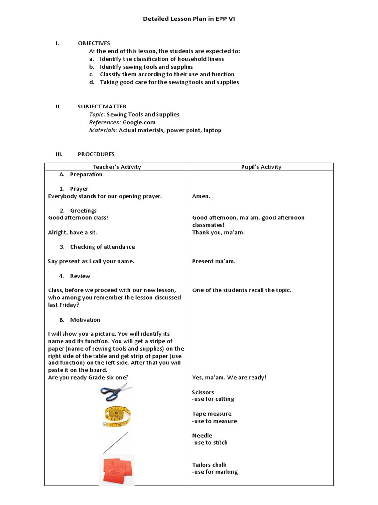 Detailed Lesson Plan in EPP VI | PDF | Sewing | Seam (Sewing) Detailed Lesson Plan in EPP VI | PDF | Sewing | Seam (Sewing)
