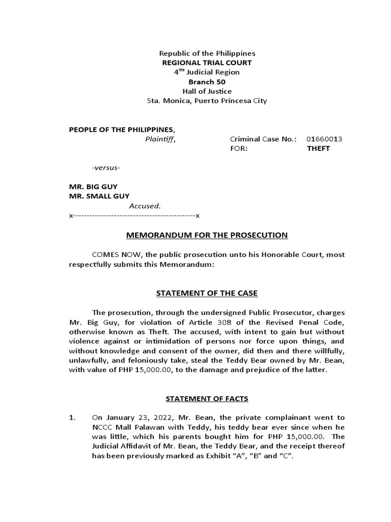 Baguio - Memorandum For The Prosecution | PDF | Theft | Possession (Law)