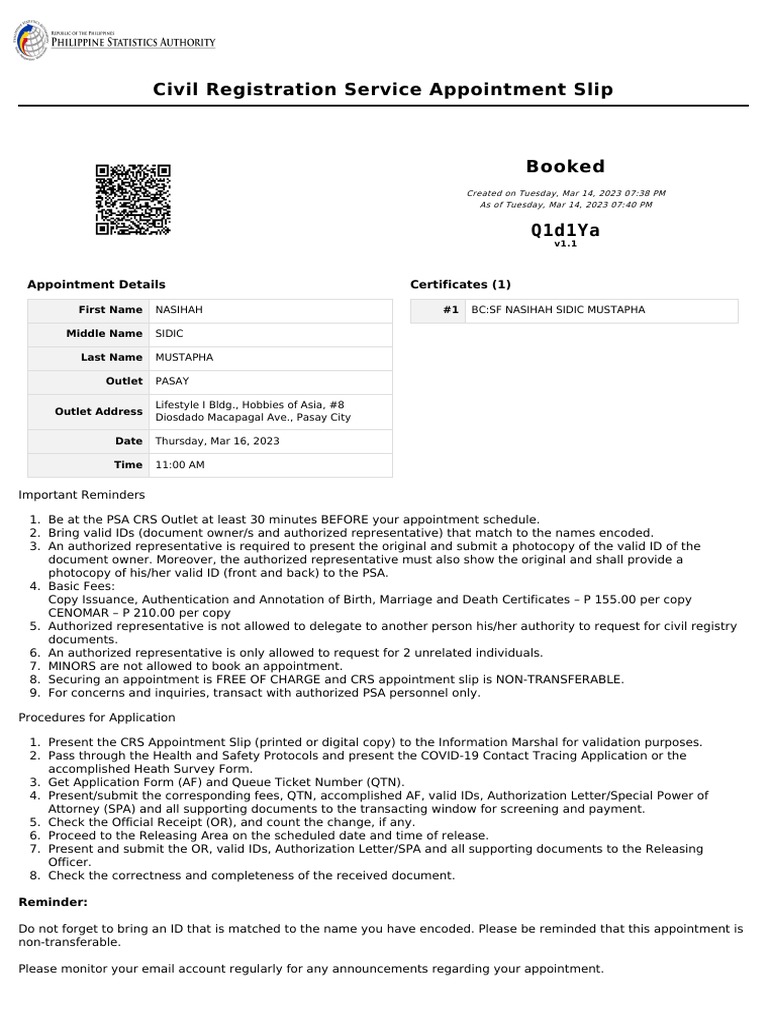 Civil Registration Service Appointment Slip | PDF