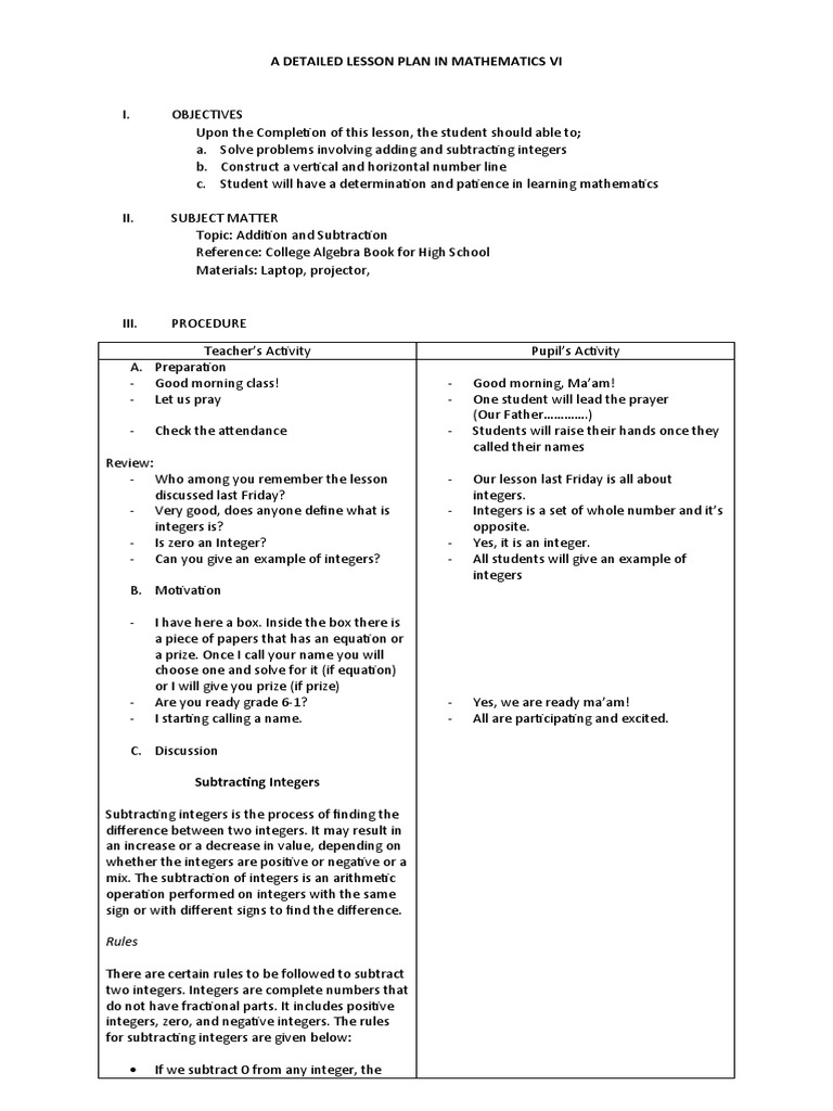 A Detailed Lesson Plan in Mathematics Vi | PDF | Subtraction | Algebra