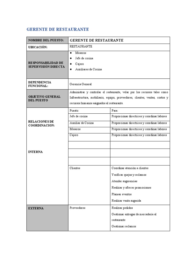 Gerente De Restaurante Pdf Alimentos