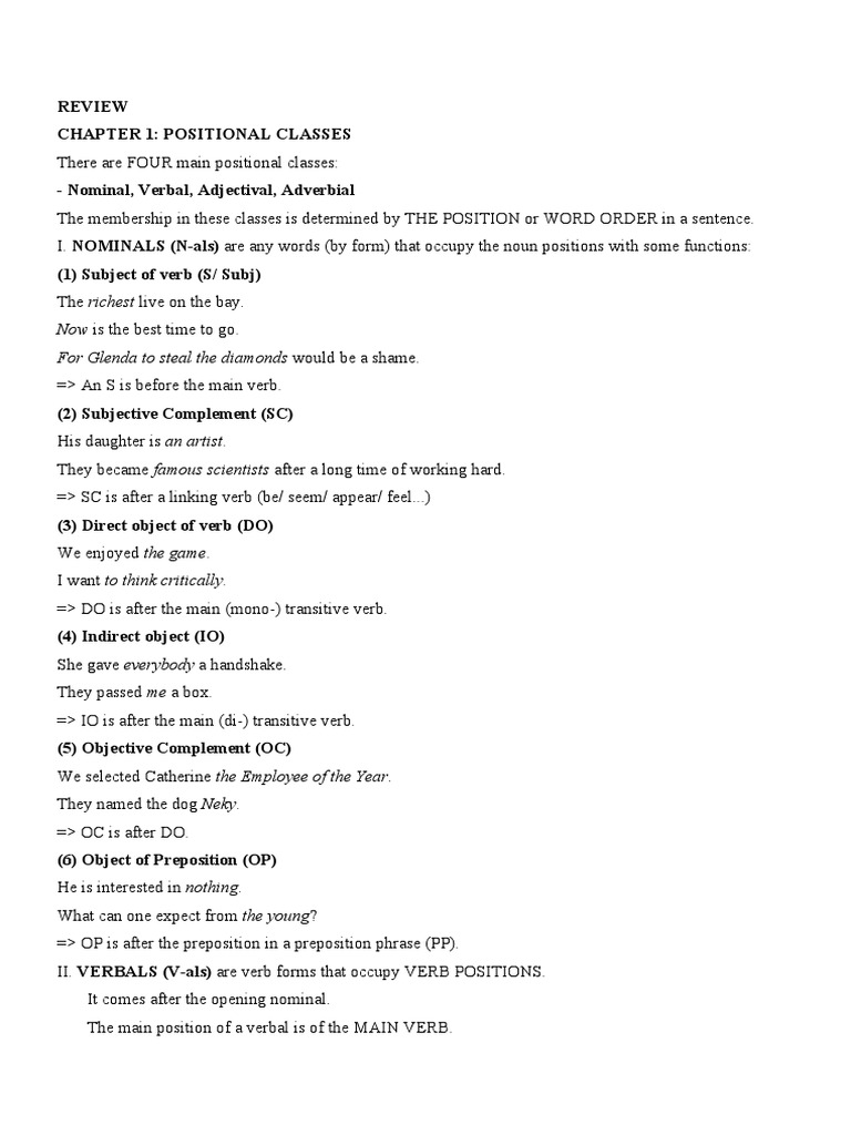 Chapter 1 Positional Classes | PDF | Adjective | Verb