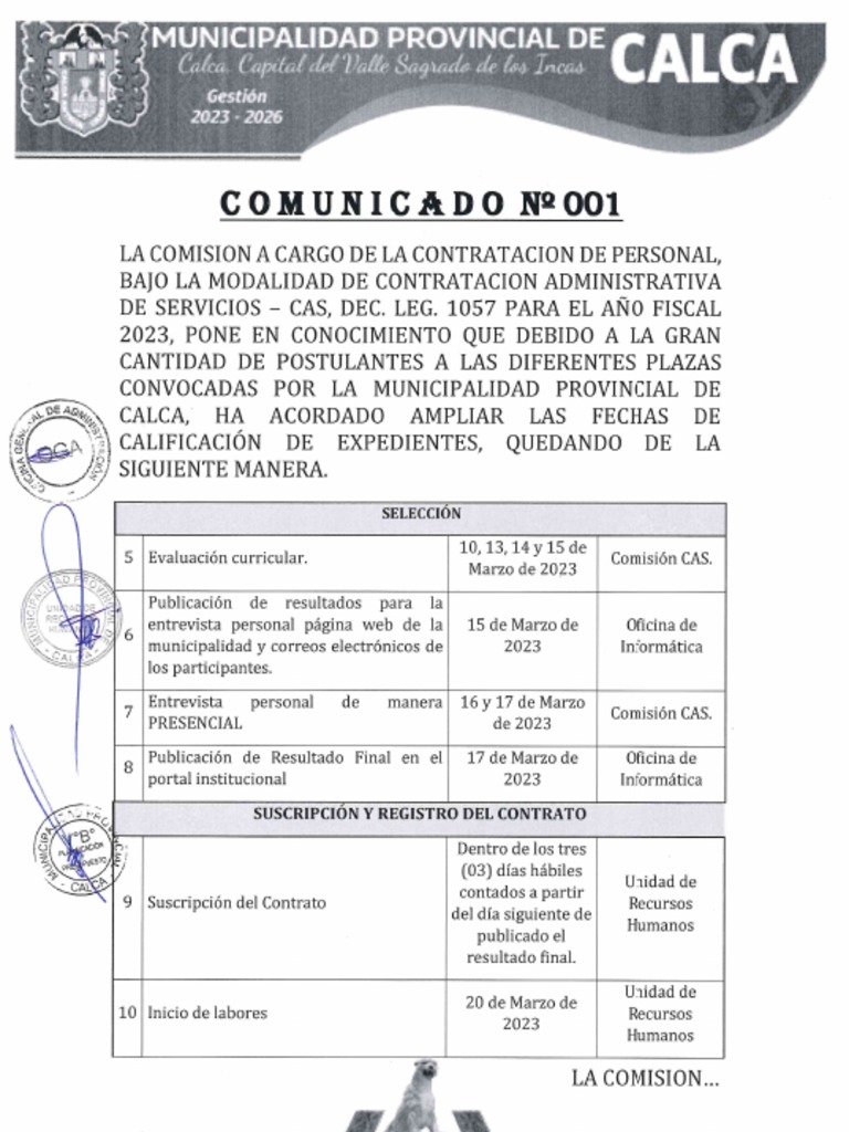 Comunicado Convocatoria CAS 001 2023 | PDF