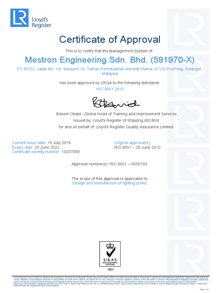 ISO 9001:2015 Approval for Mestron | PDF | Iso 9000 | Private Law