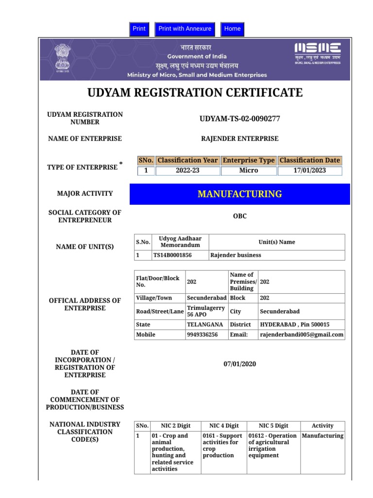 Print - Udyam Registration Certificate PDF | PDF
