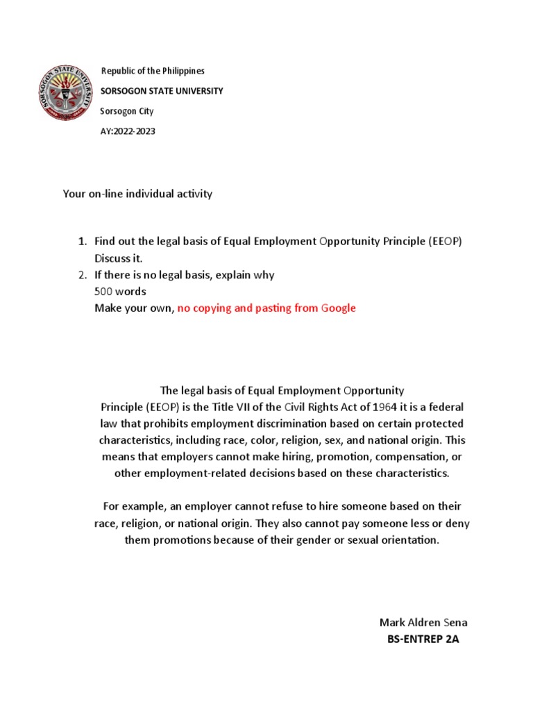 Equal Employment Opportunity Principle (EEOP) | PDF