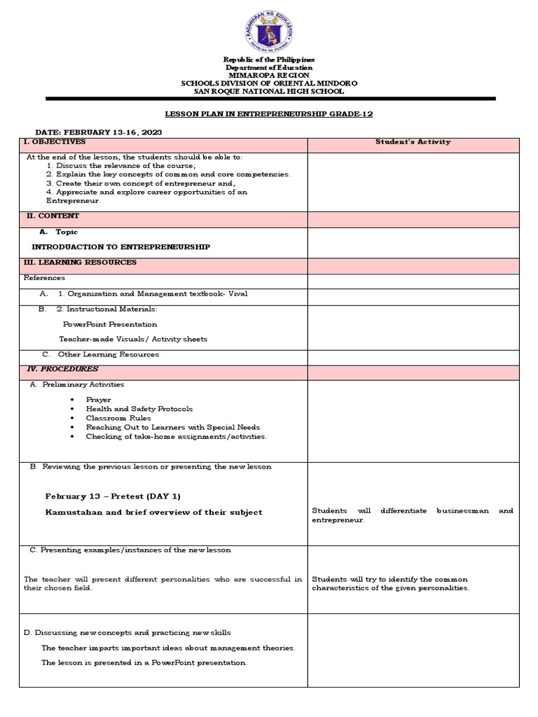 Lesson Plan Entrepreneurship | PDF | Entrepreneurship | Lesson Plan
