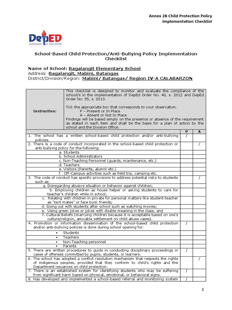 Sip Annex 2b Child Protection Policy implementation-BES | PDF | Child ...