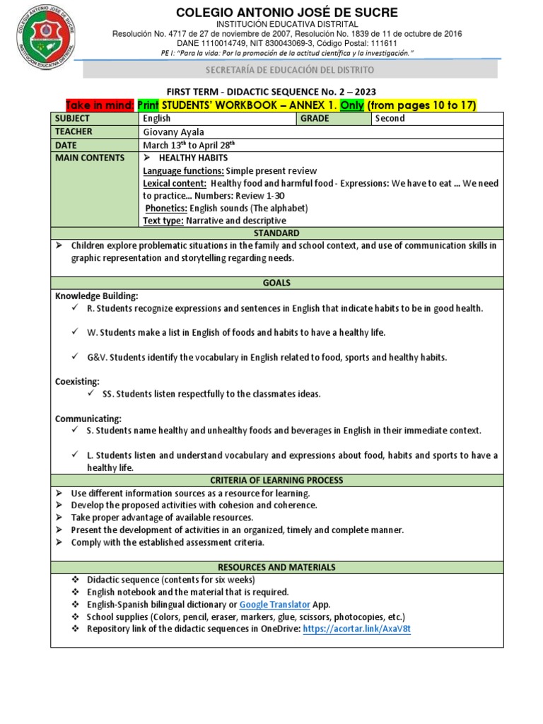 English Second Grade Didactic Sequence 2 Term 1 Pdf English