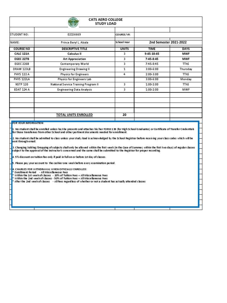 College Study Load Overview 2021-2022 | PDF | Microsoft Excel ...