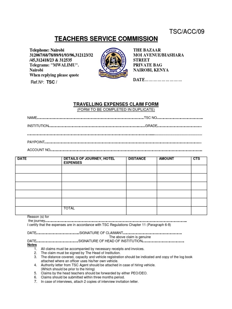 TSC - Travelling Claim Form | PDF