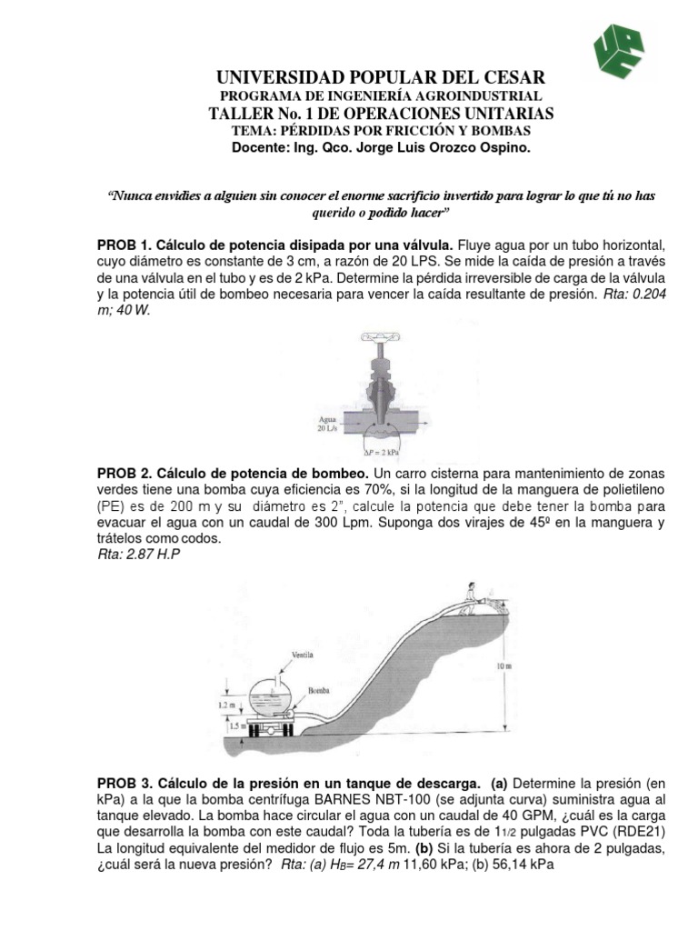 Taller 1 Op Unit I (Bombas) | PDF | Bomba | Presión
