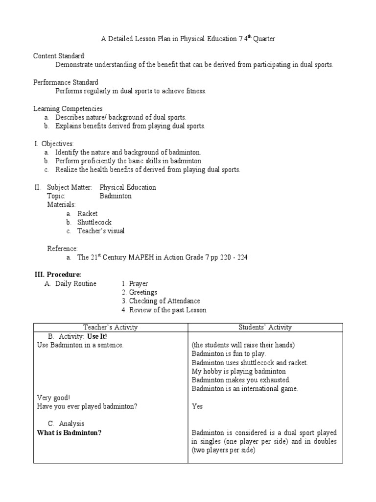 A Detailed Lesson Plan Badmintondocx | PDF | Sports | Athletic Sports