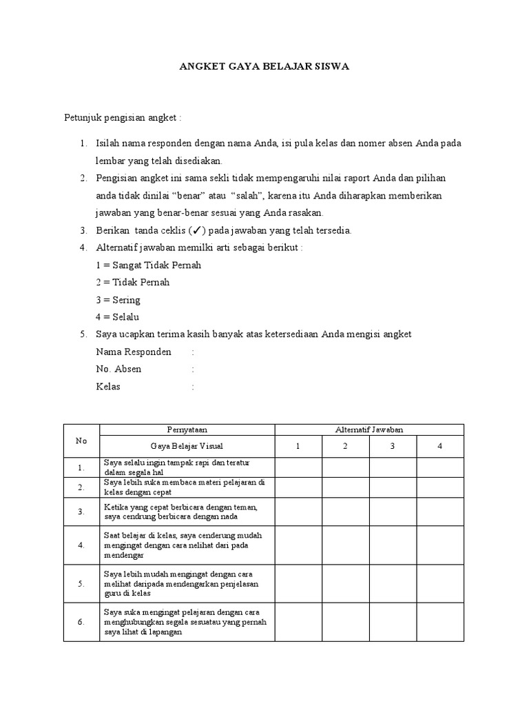 Angket Gaya Belajar Siswa Visual | PDF
