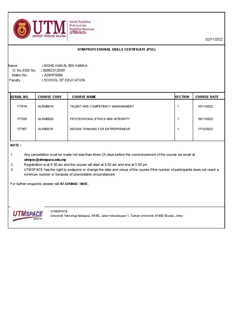 Utm Professional Skills Certificate (PSC) | PDF