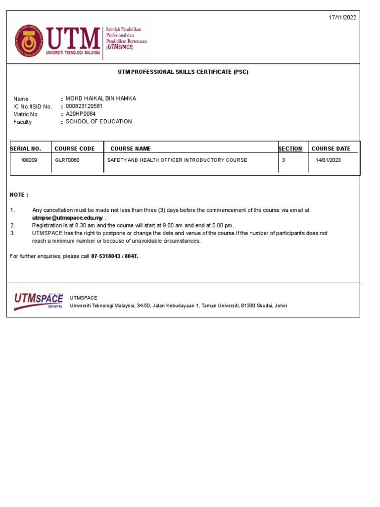 Utm Professional Skills Certificate (PSC) : GLRT0060 Safety and Health ...
