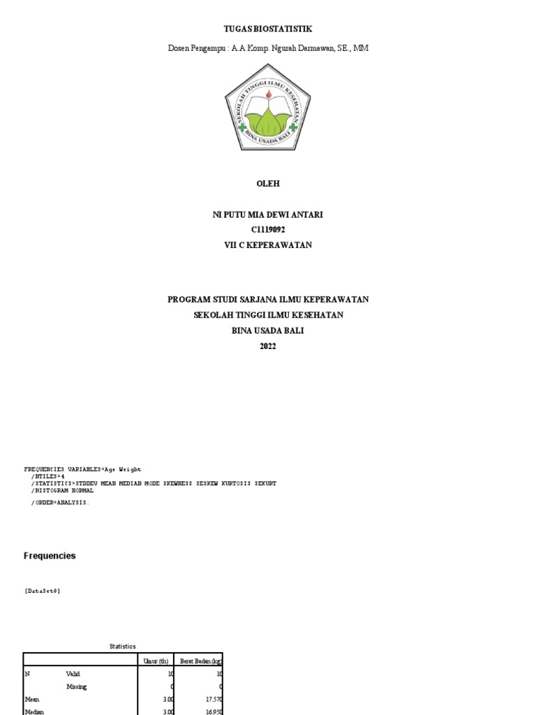 Ni Putu Mia Dewi Antari - C1119092 - TUGAS BIOSTATISTIK 14 | PDF | Skewness | Statistical Analysis