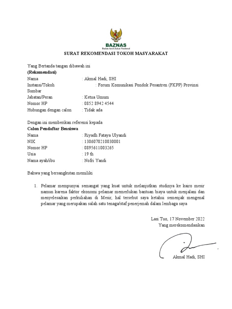 Surat Rekomendasi Tokoh Masyarakat | PDF