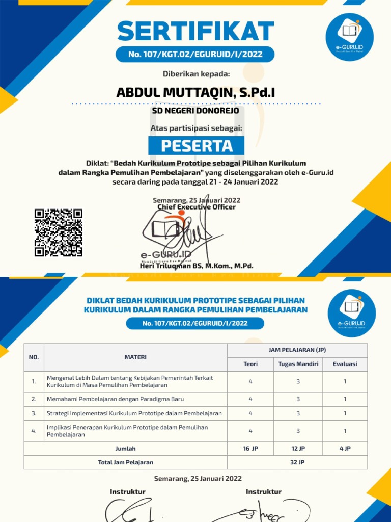 ABDUL MUTTAQIN, S.Pd.I - SD NEGERI DONOREJO - Sertifikat Diklat Kurikulum Prototipe 32JP PDF | PDF