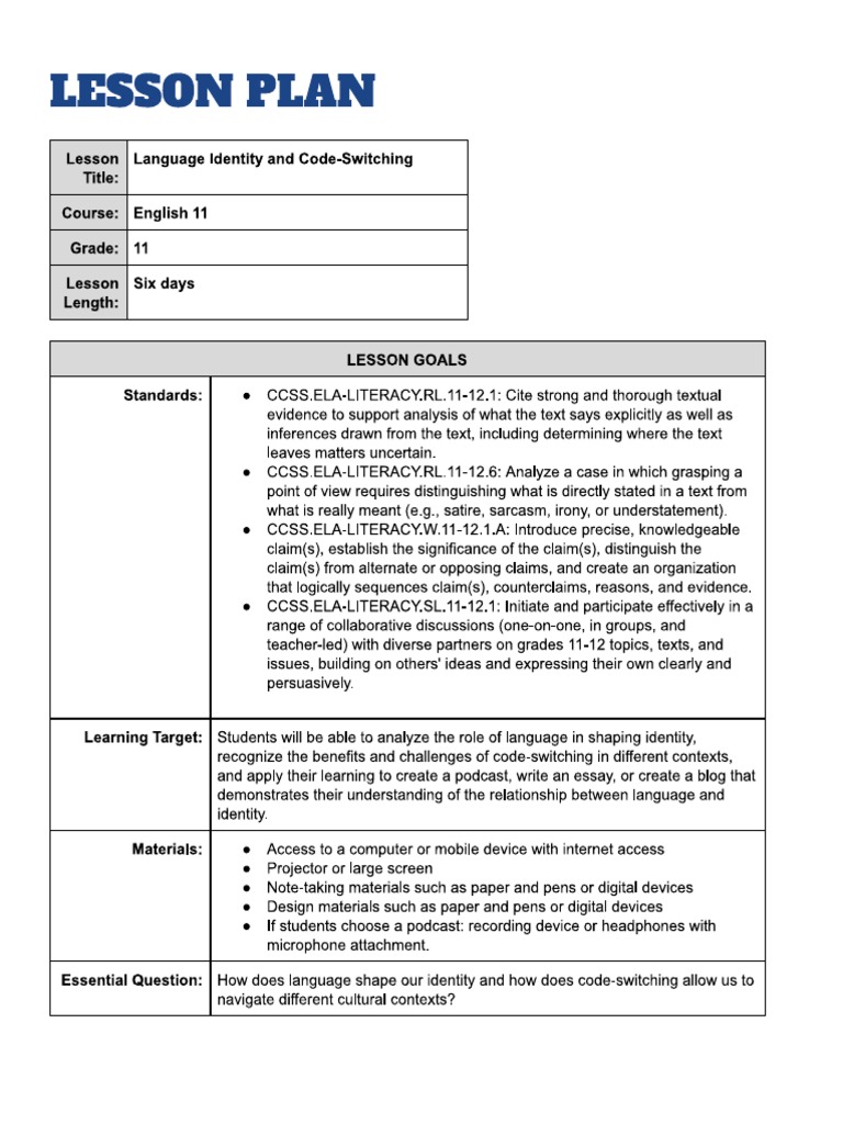 Code-Switching Lesson | PDF