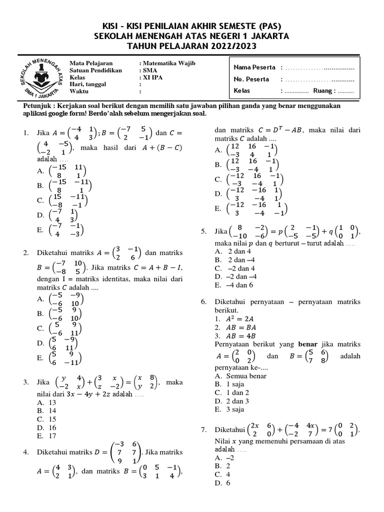 Kisi - Kisi PAS Mat Wajib SMAN 1 2022-2023 | PDF