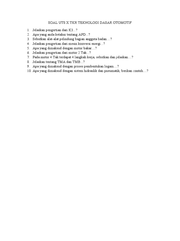 Soal Uts X TKR Teknologi Dasar Otomotif | PDF