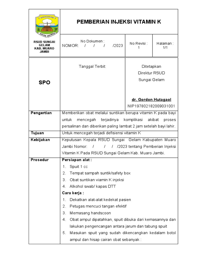 Sop Pemberian Injeksi Vitamin K | PDF