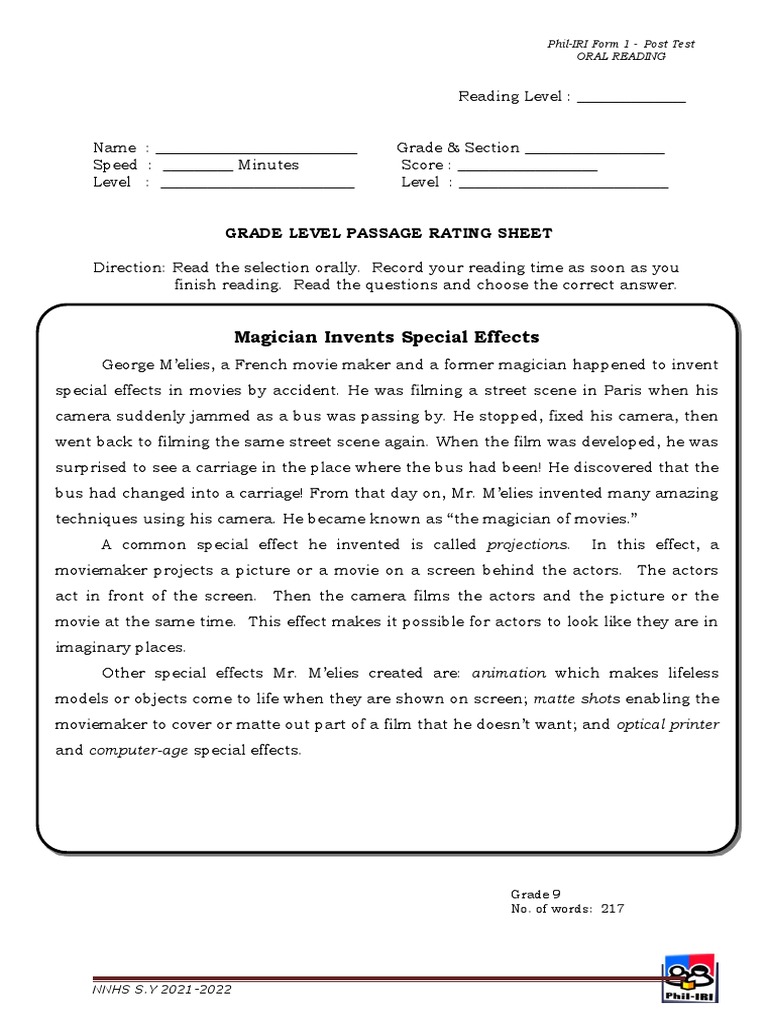 Phil Iri Post Test Oral Reading PDF Camera Entertainment