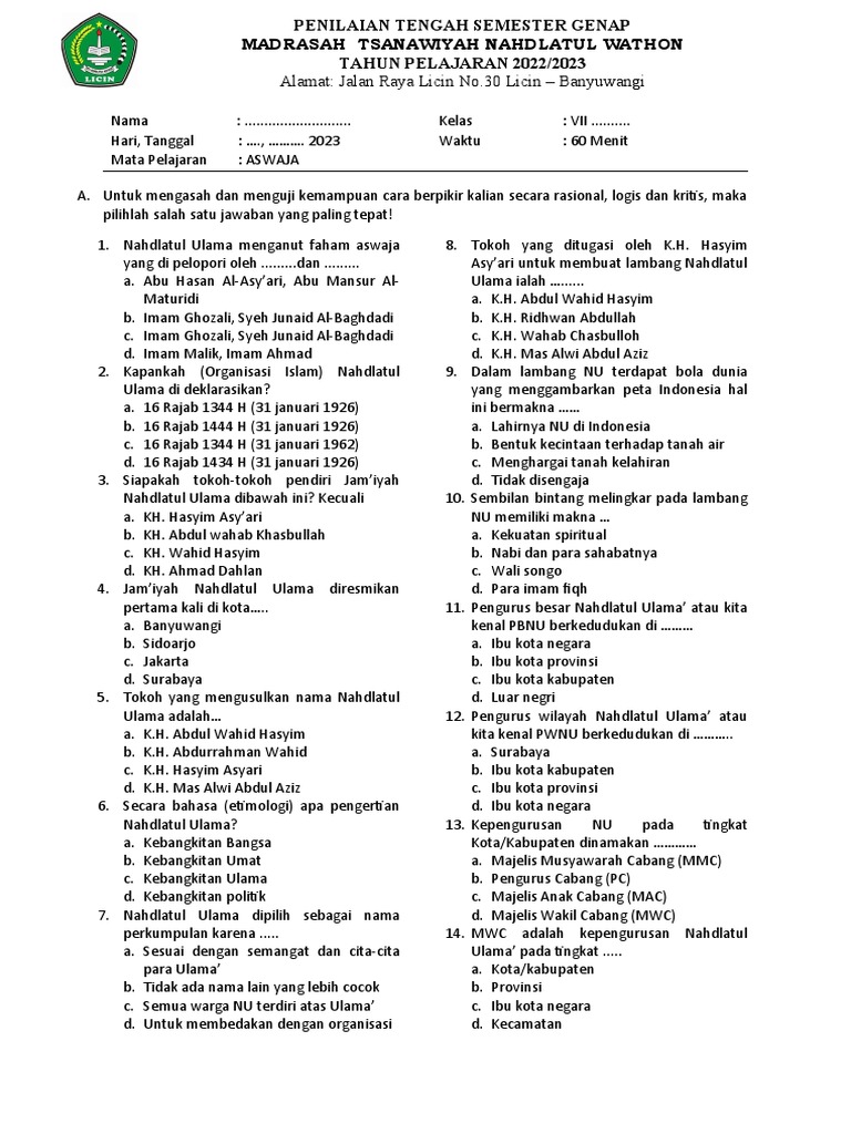 PTS ASWAJA Kelas 7 | PDF