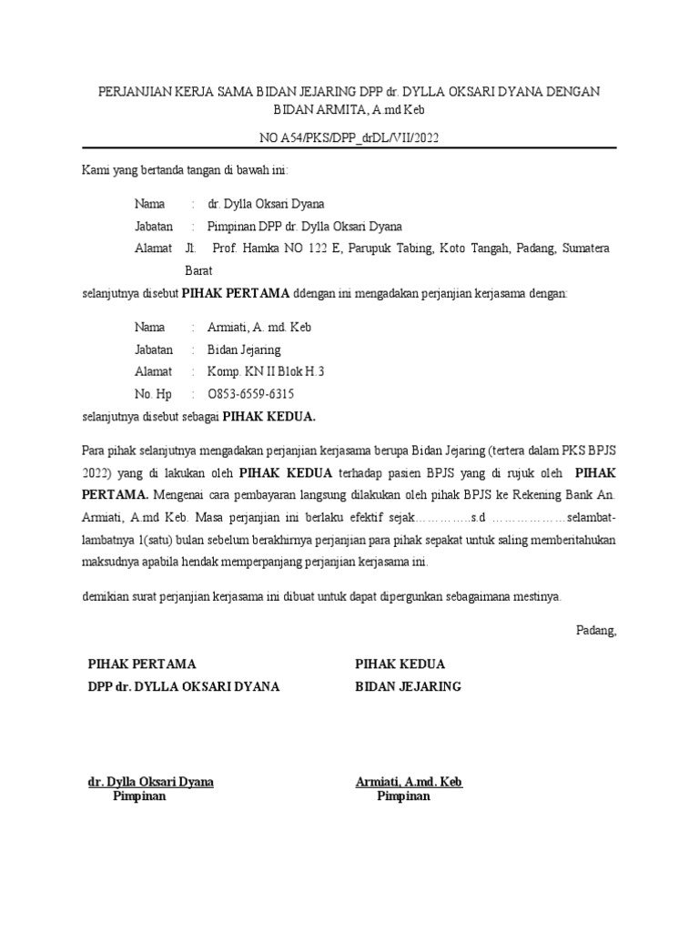 Perjanjian Kerja Sama Bidan Jejaring | PDF