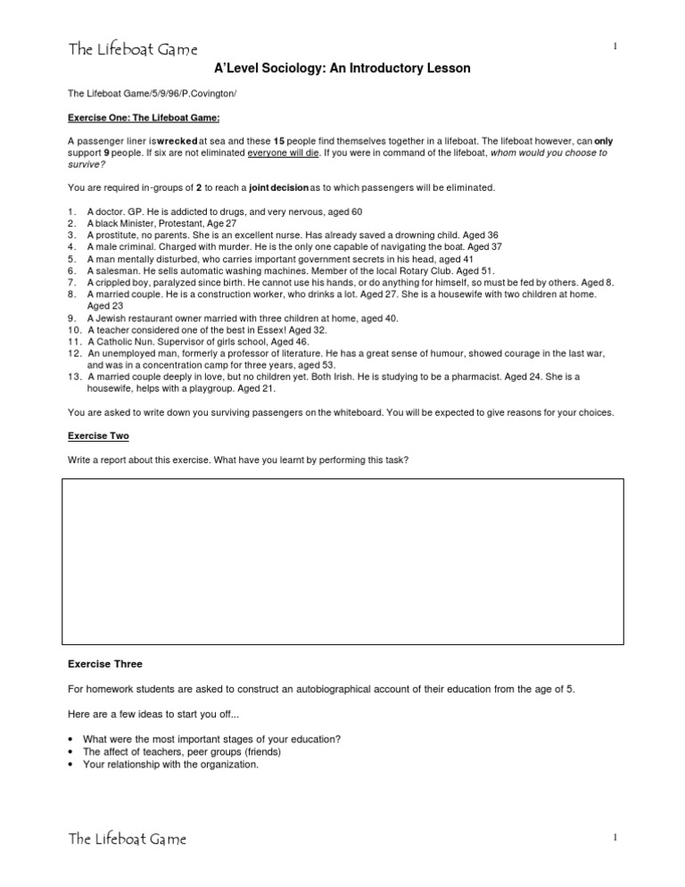 Lifeboat Game Lesson For Sociology | PDF
