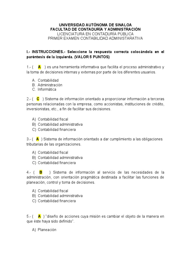 Examen de Contabilidad Administrativa | PDF | Contabilidad | Auditoría