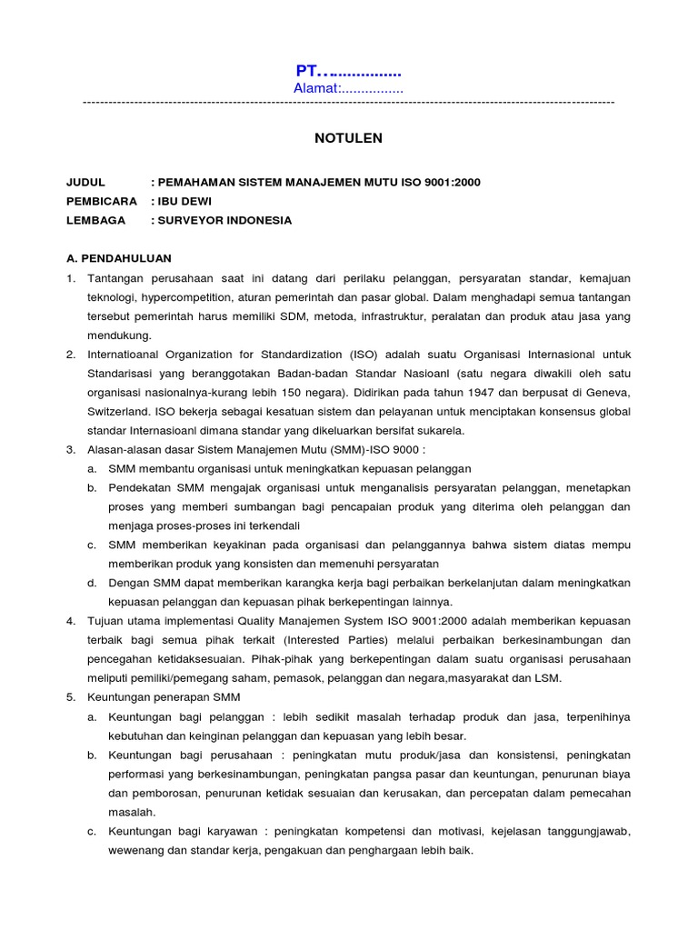 Contoh - NOTULEN-ISO 9001 | PDF
