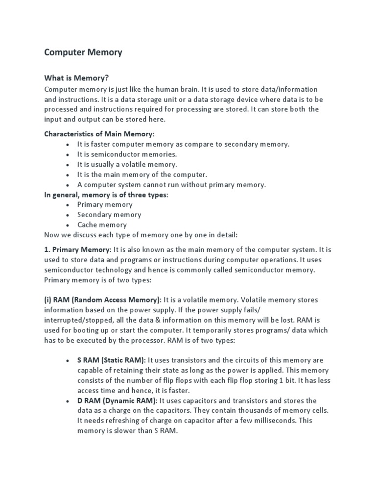 Computer Memory PDF | PDF | Computer Data Storage | Read Only Memory