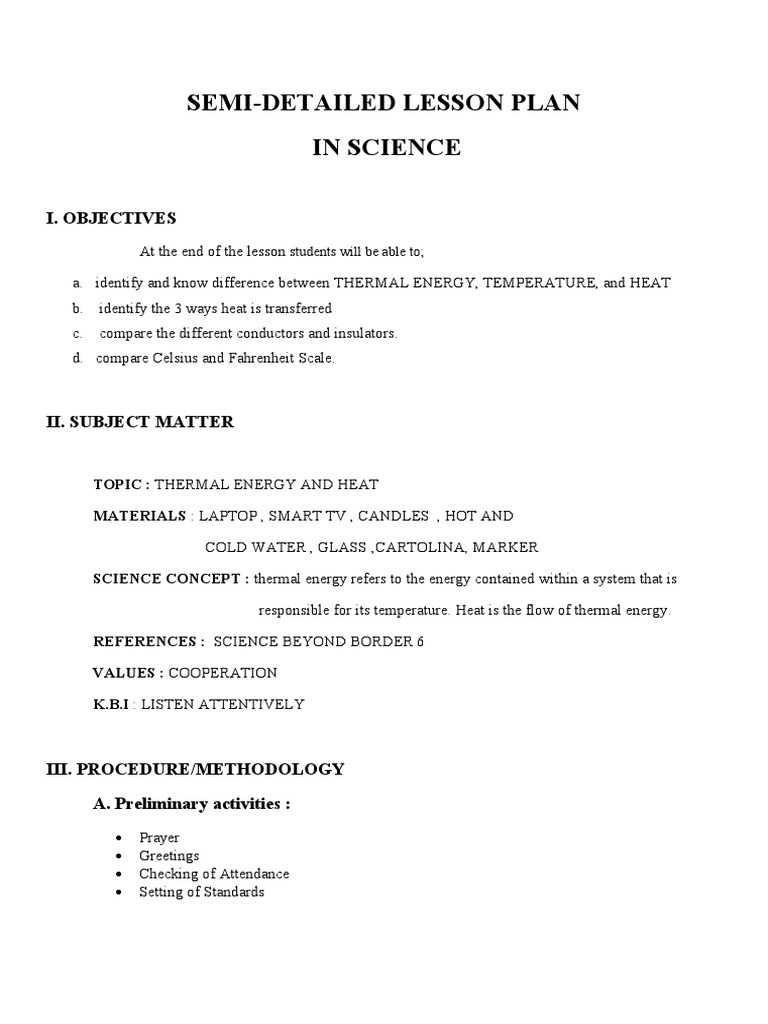 THERMAL ENERGY AND HEAT (LESSON (Plan | PDF | Thermal Conduction | Heat ...