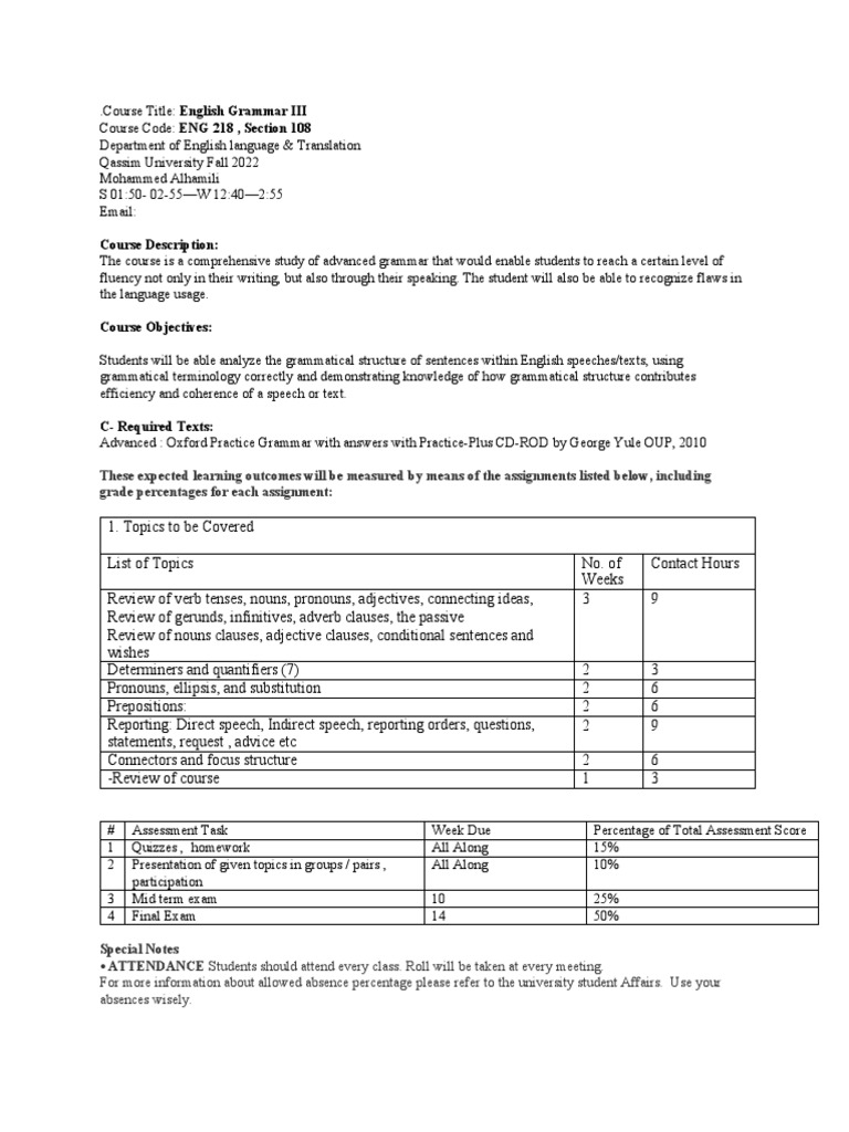 Syllabus English Grammar III | PDF | English Grammar | English Language