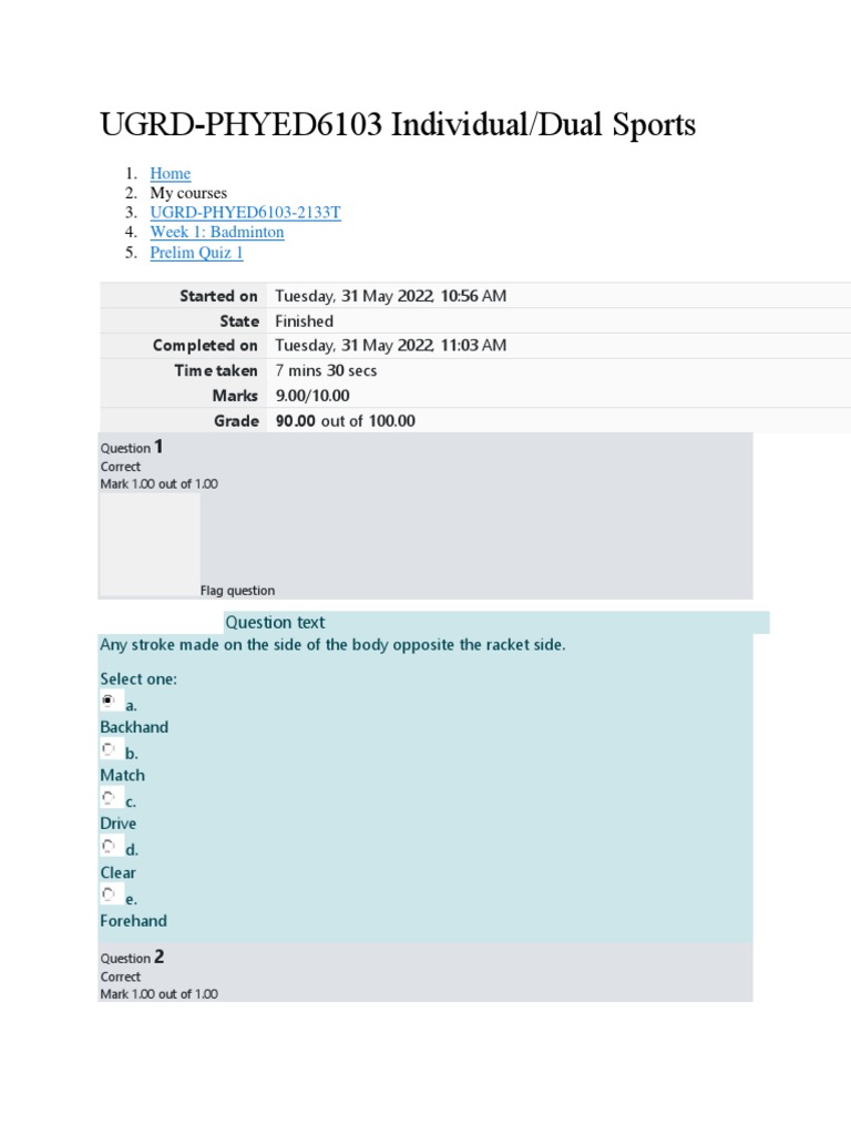 Badminton Quiz for UGRD-PHYED6103 | PDF | Games Of Physical Skill | Leisure