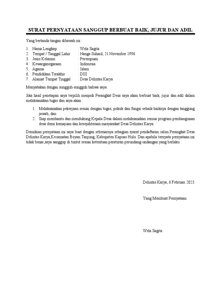 Surat Pernyataan Sanggup Berbuat Baik | PDF